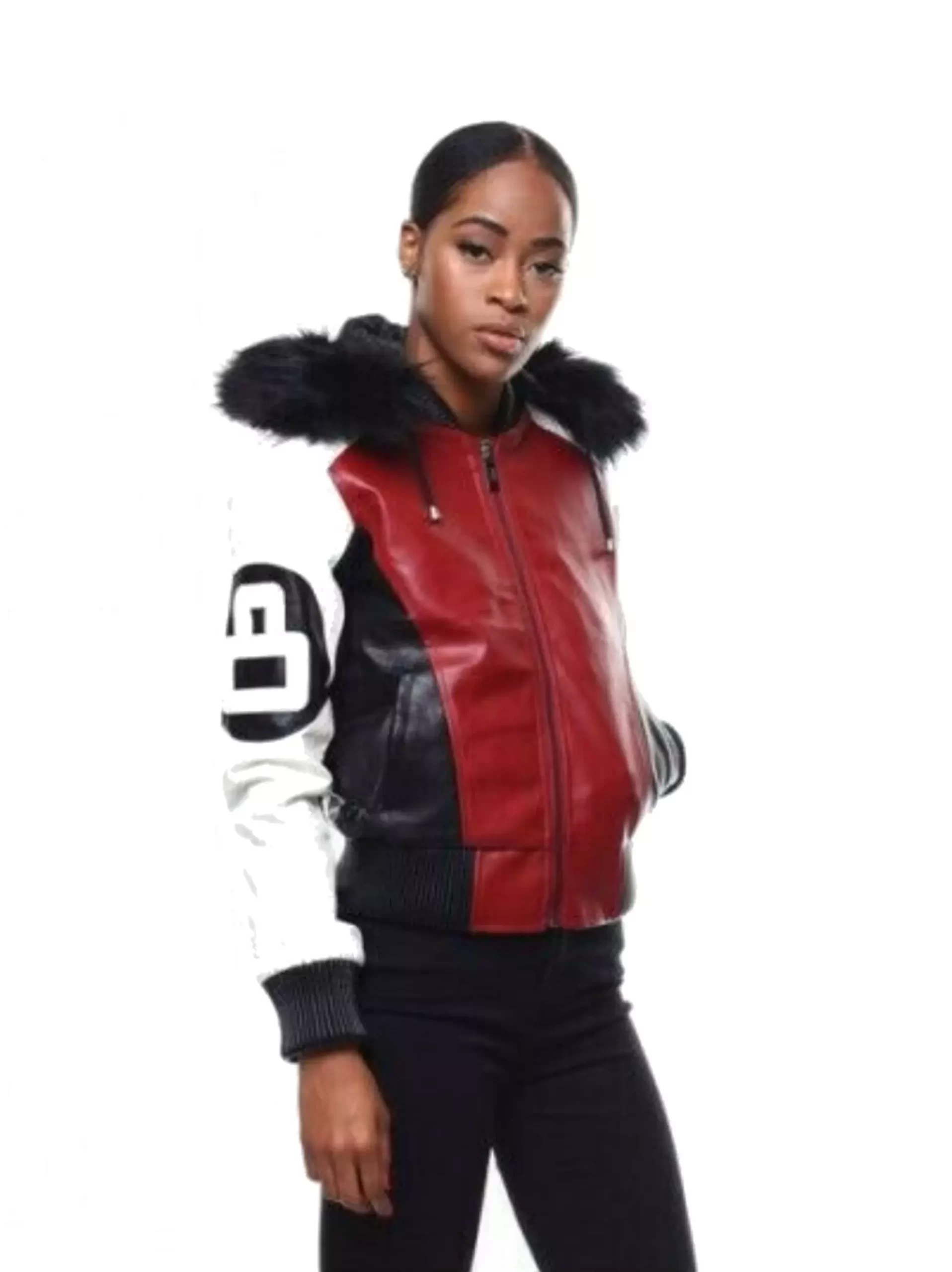8 Ball Artificial Fur Hooded Leather Jacket For Women’s