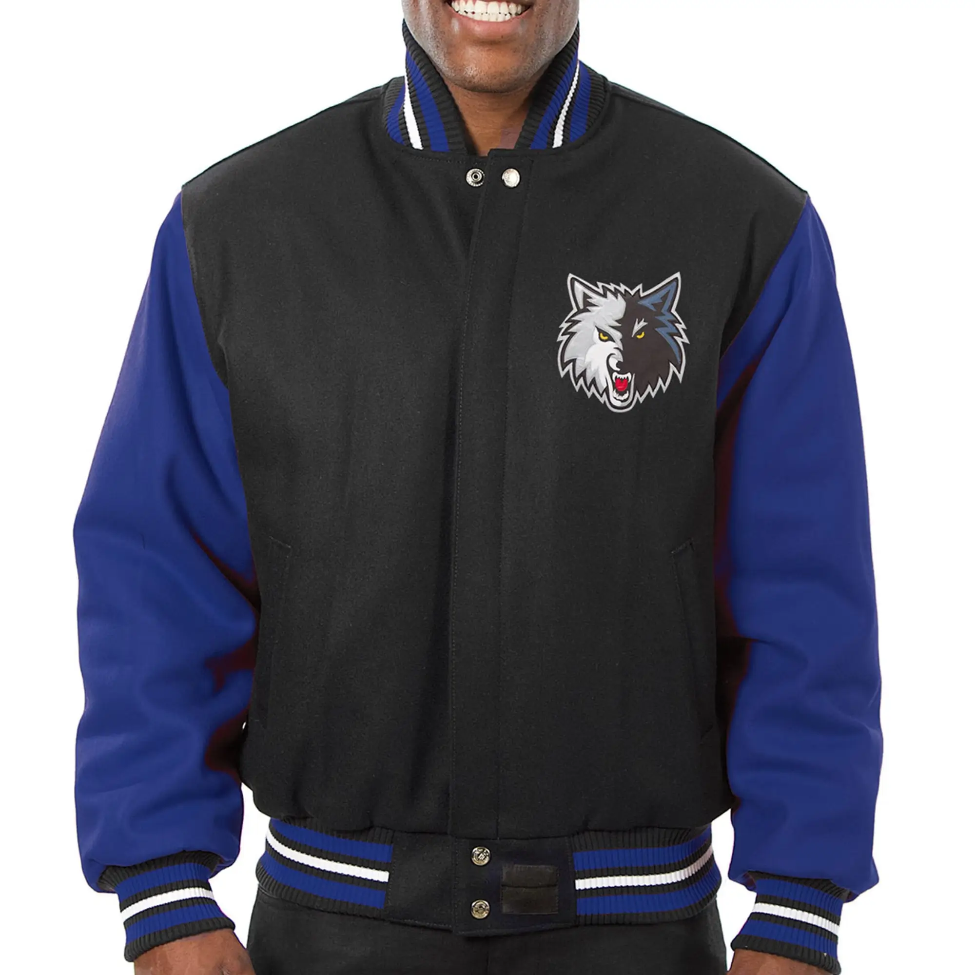 Full Leather Varsity Jacket - Minnesota Timberwolves Black Bomber
