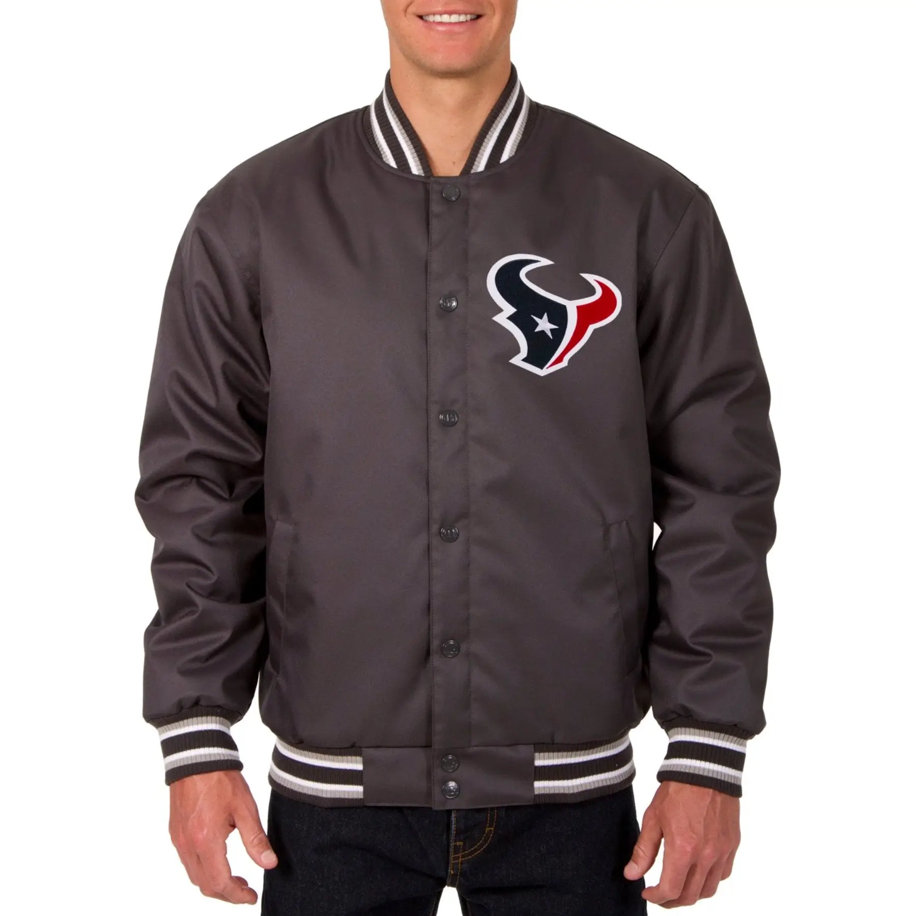 Houston Texans Black Satin Varsity Jacket with Classic Ribbed